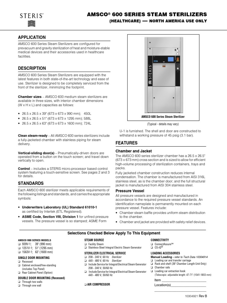 Amsco 600 Series Steam Sterilizers - : Application | PDF | Boiler | Door
