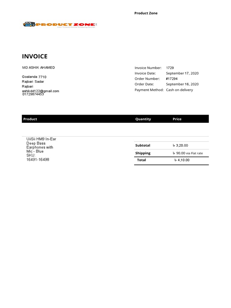 Invoice for UiiSii HM9 Earphones Purchase | PDF