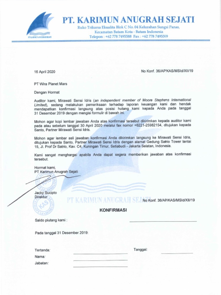 Surat Konfirmasi Audit 2019 PT. Wira Planet Mars PDF | PDF