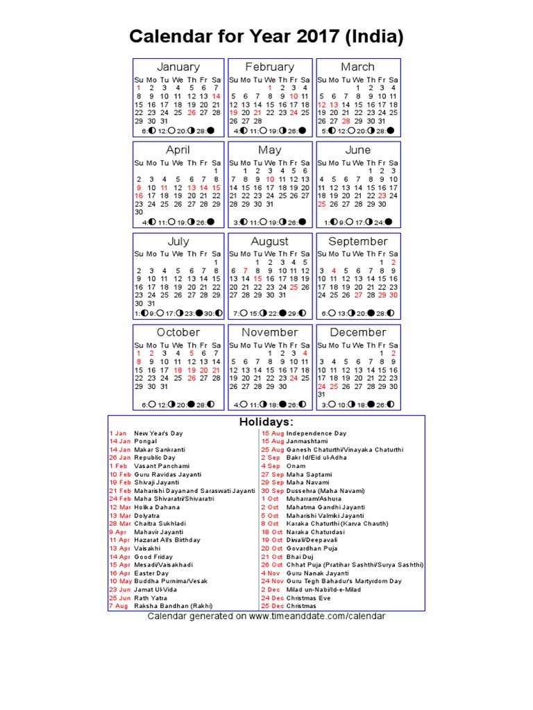 Year 2017 Calendar - India | PDF | Hindu Behaviour And Experience ...