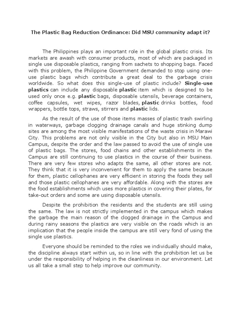 The Plastic Bag Reduction Ordinance | PDF