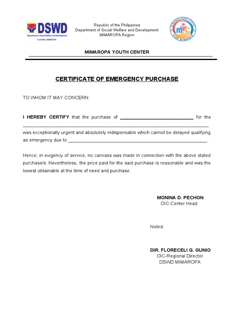 Certificate of Emergency Purchase: Mimaropa Youth Center | PDF