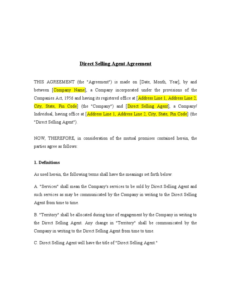 Direct Selling Agent Agreement Format | PDF | Law Of Agency | Indemnity