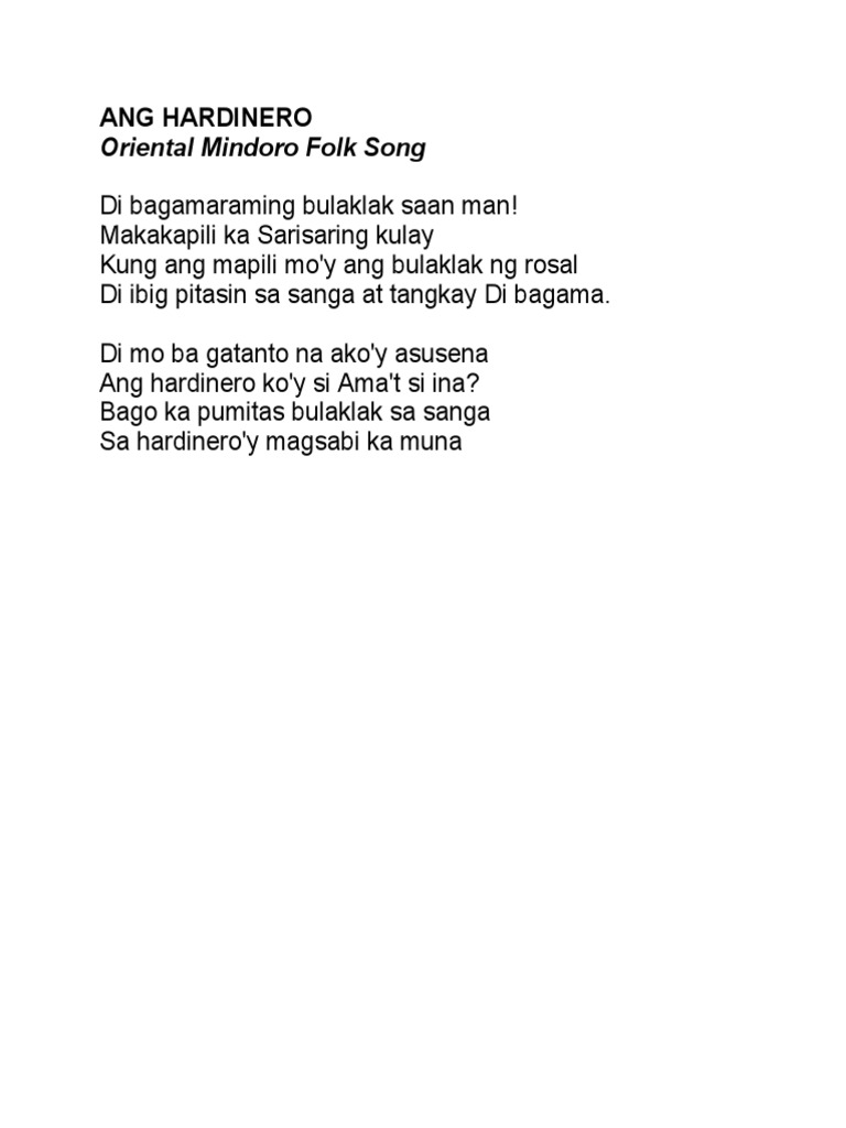Ang Hardinero - Or. Mindoro Folk Song (MAPEH Ass.) | PDF
