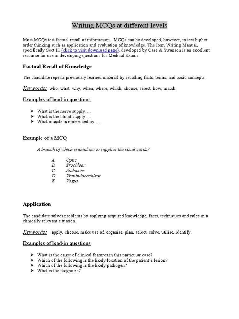 Writing Mcqs at Different Levels: Factual Recall of Knowledge | PDF ...