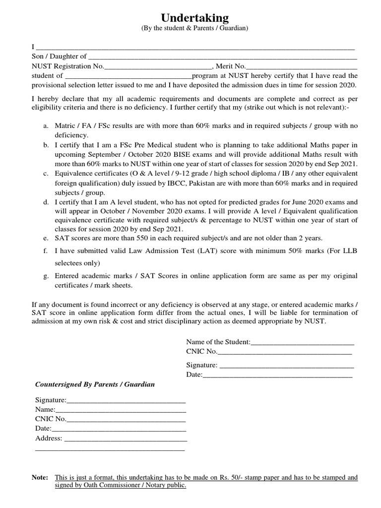 Undertaking: (By The Student & Parents / Guardian) | PDF | University ...