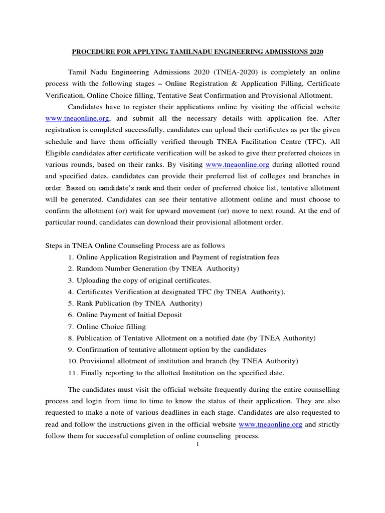 TNEA 2020: Online Application Guide | PDF | Password | Online And Offline