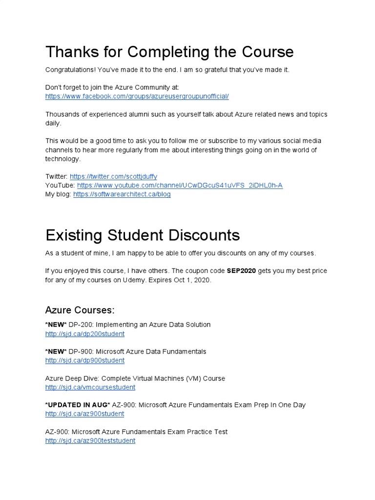 Thanks For Completing The Course: Azure Courses | PDF