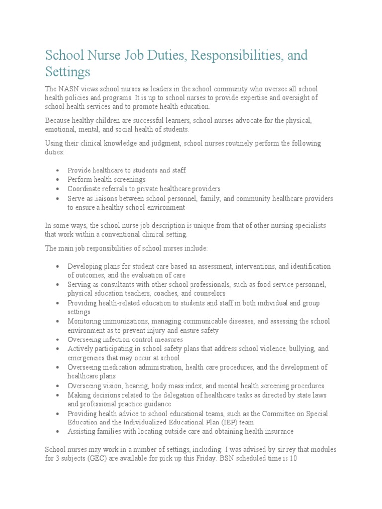 School Nurse Job Duties, Responsibilities, and Settings | PDF ...