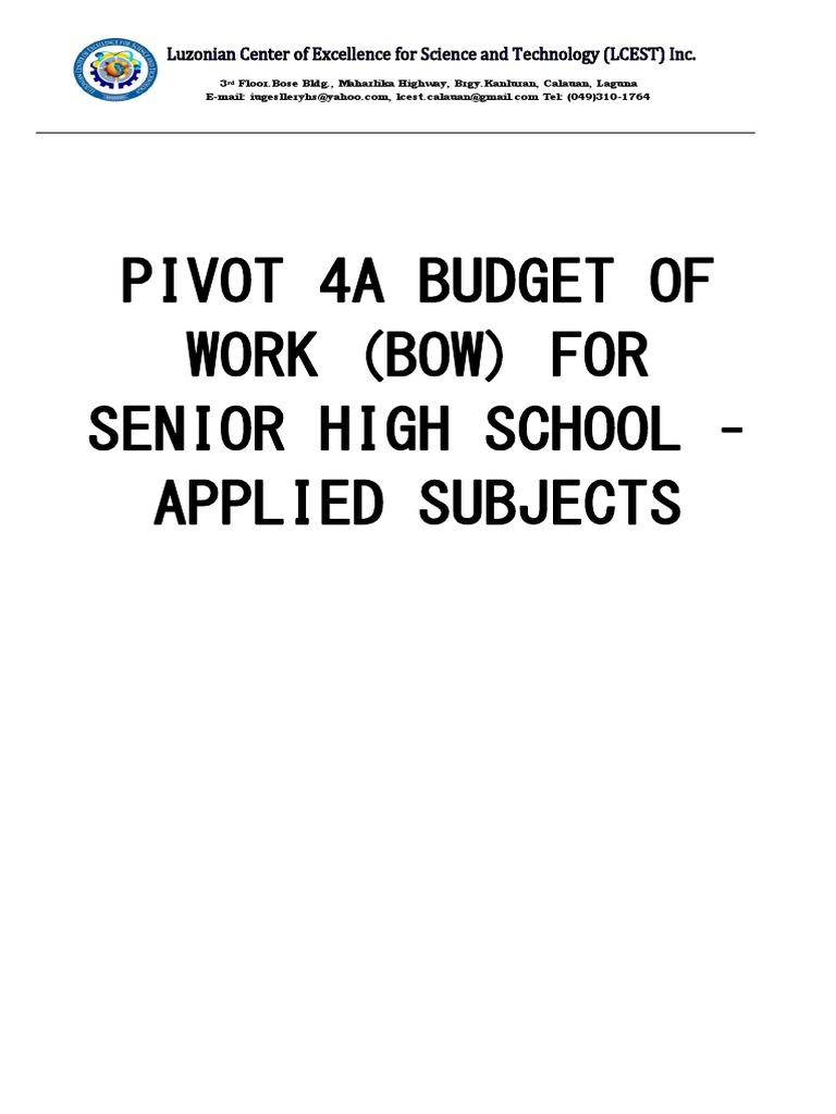 Pivot 4A Budget of Work (Bow) For Senior High School - Applied Subjects | PDF | Educational ...