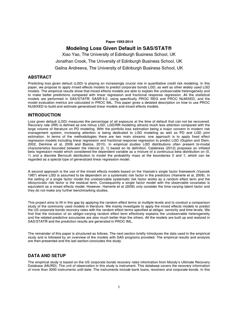 Modeling Loss Given Default In Sasstat Pdf Regression Analysis Linear Regression