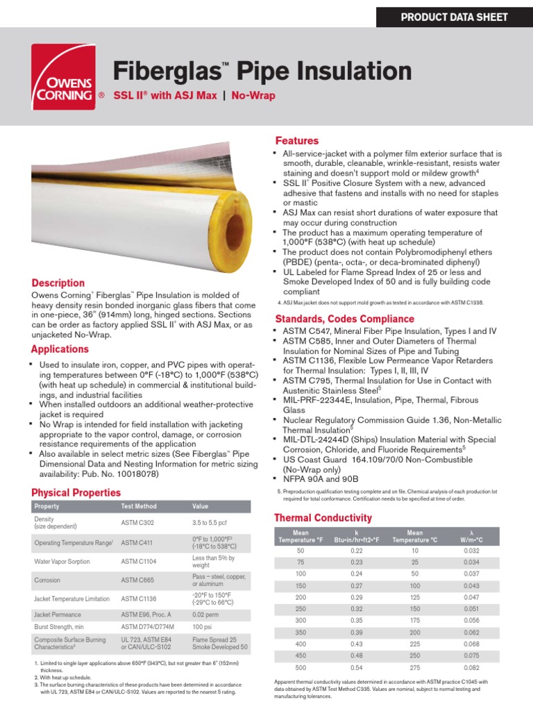Fiberglas Pipe Insulation: SSL Ii With ASJ Max No-Wrap | PDF ...