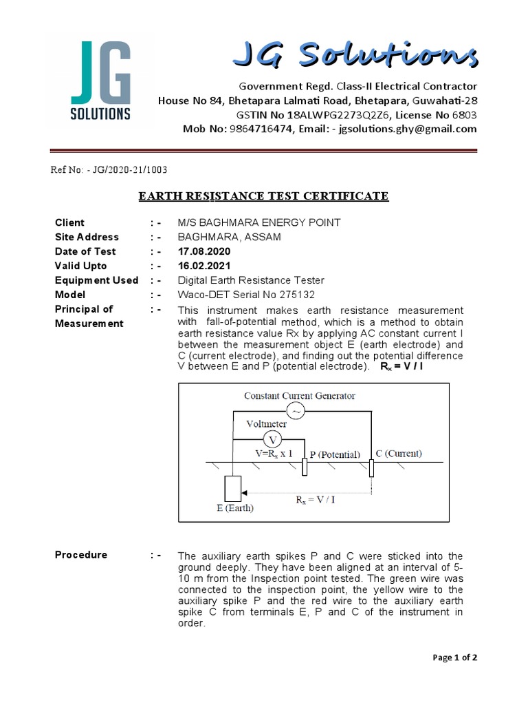 Earth Resistance Measurement Certificate | PDF | Physics | Electrical ...