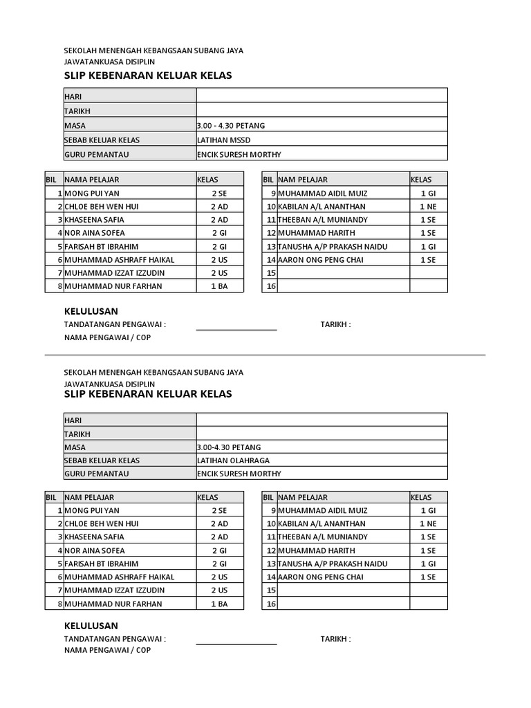 Slip Kebenaran Keluar Kelas | PDF