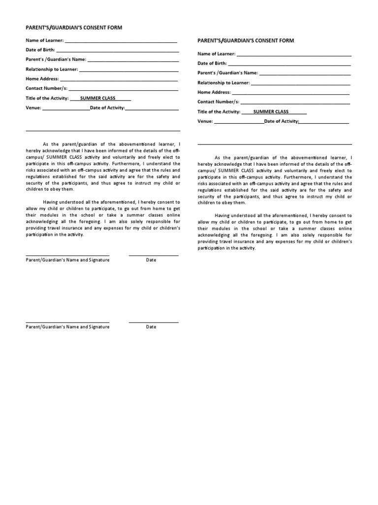 Parent'S/Guardian'S Consent Form Parent'S/Guardian'S Consent Form | PDF ...