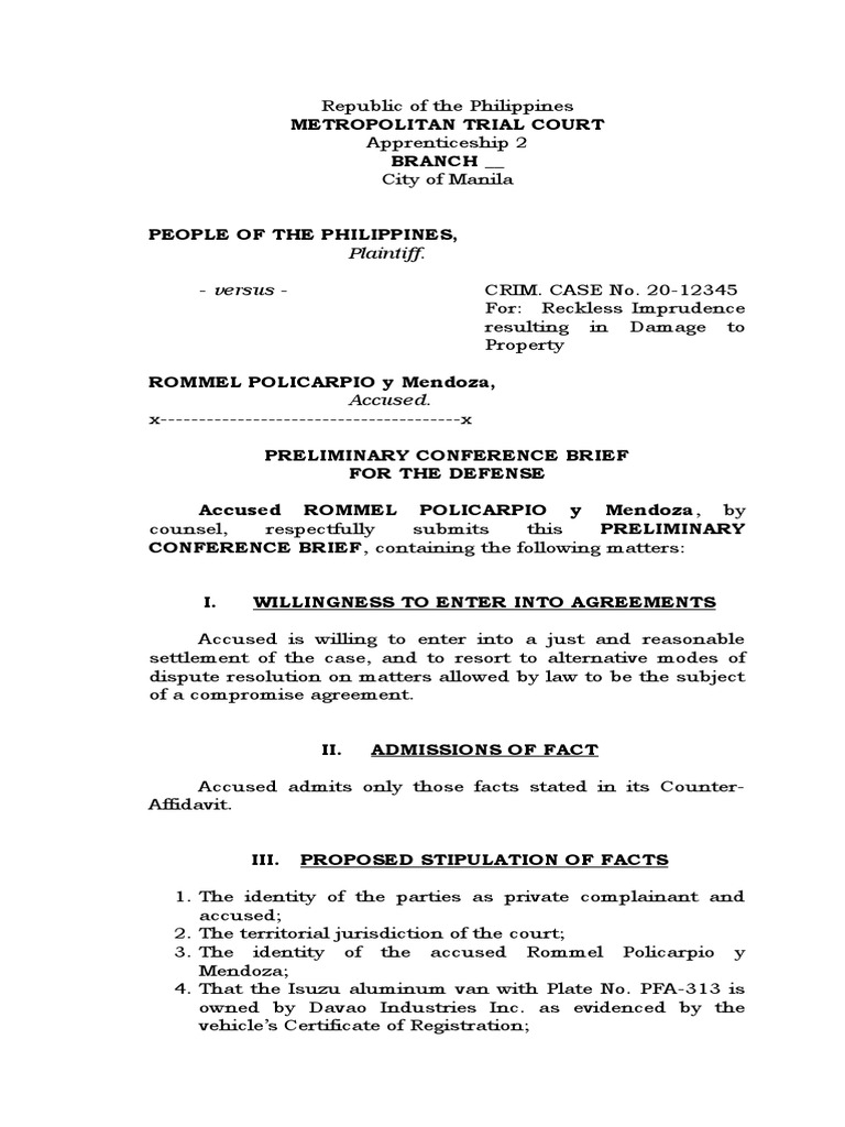 Preliminary Conference Brief For The Accused | Download Free PDF ...