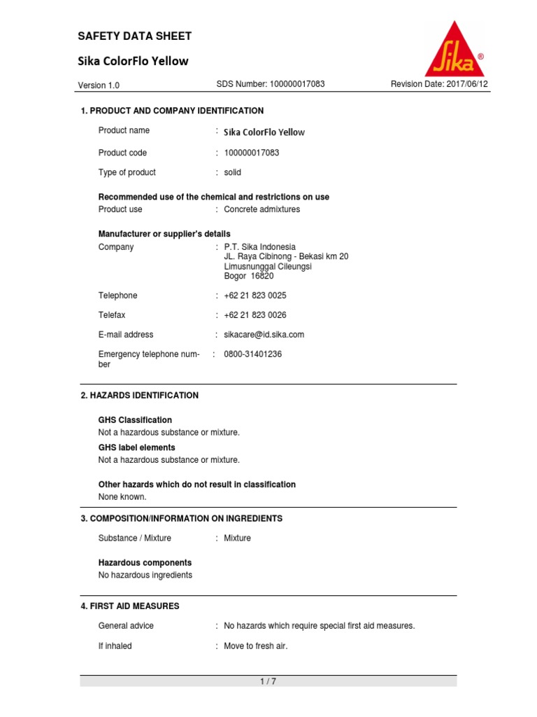 Sika Colorflo Yellow: Safety Data Sheet | PDF | Dangerous Goods | Toxicity