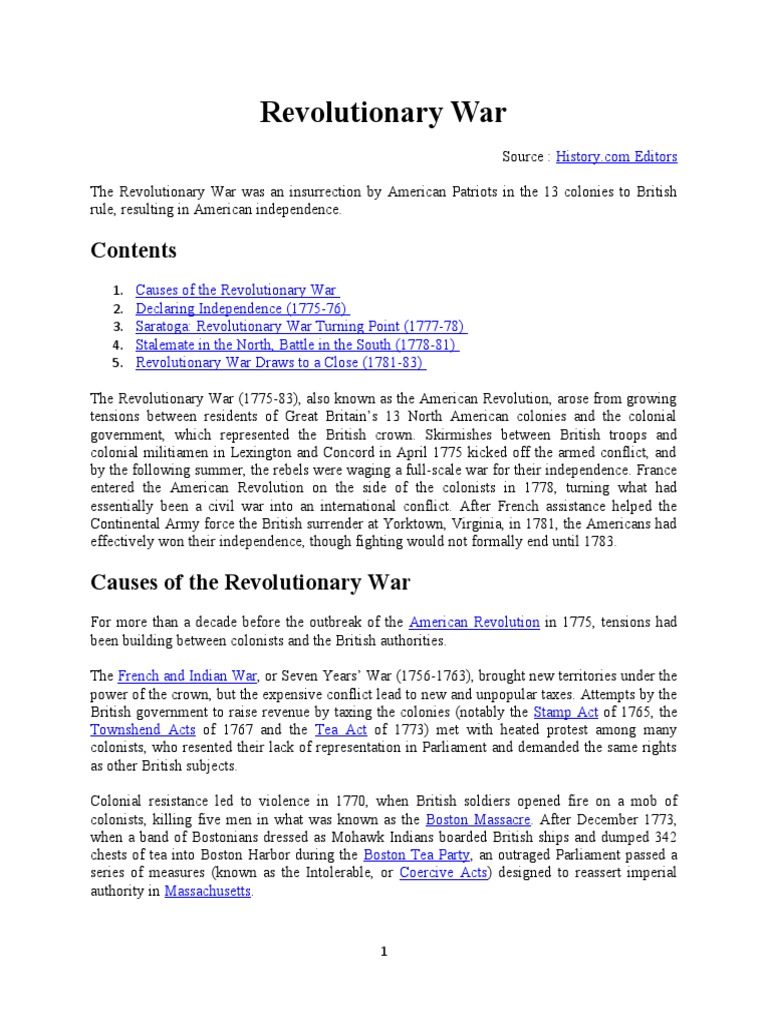 Overview of the Revolutionary War | PDF | American Revolutionary War ...