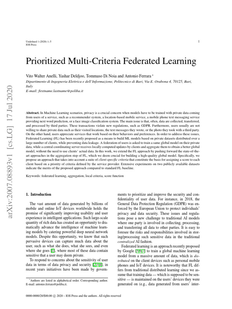 Prioritized Multi-Criteria Federated Learning: Vito Walter Anelli, Yashar Deldjoo, Tommaso Di ...