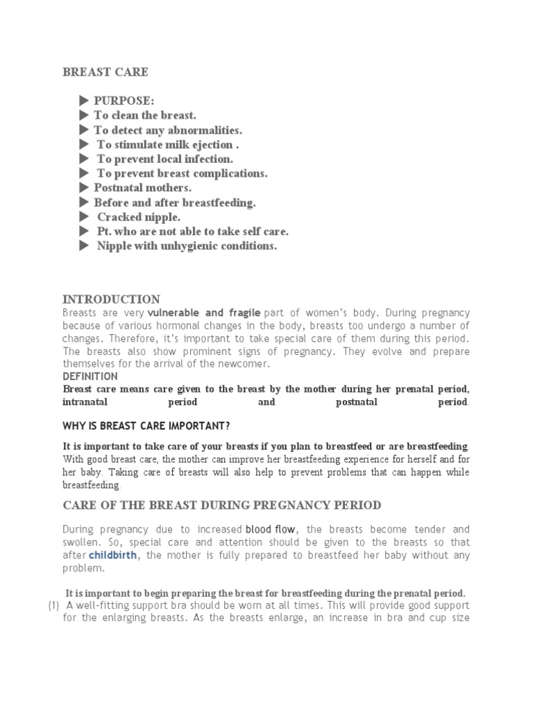 Breast Care Means Care Given To The Breast by The Mother During Her ...