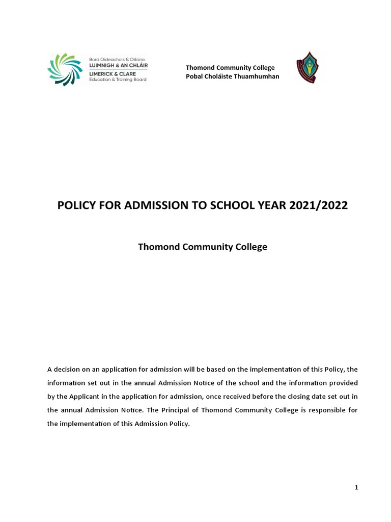 Thomond Community College Admissions Policy 2021 2022 | PDF ...