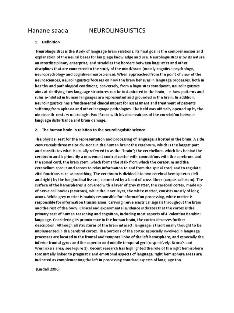 Hanane Saada Neurolinguistics: 1. Definition | PDF | Cerebral Cortex ...