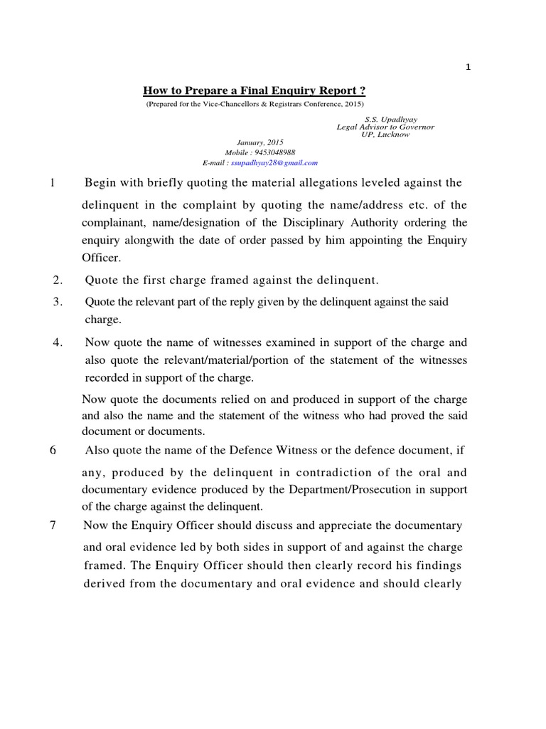 How To Prepare A Final Enquiry Report ?: (Prepared For The Vice ...