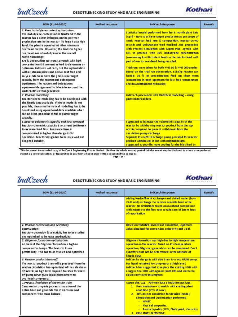 Debottlenecking Study and Basic Engineering: Sow (11-10-2020) Kothari ...