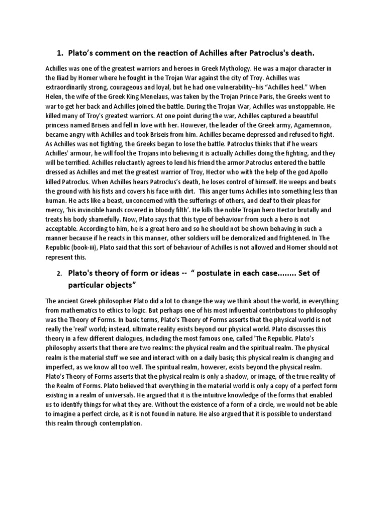 Plato's Critique of Homer's Depiction of Achilles' Reaction to ...