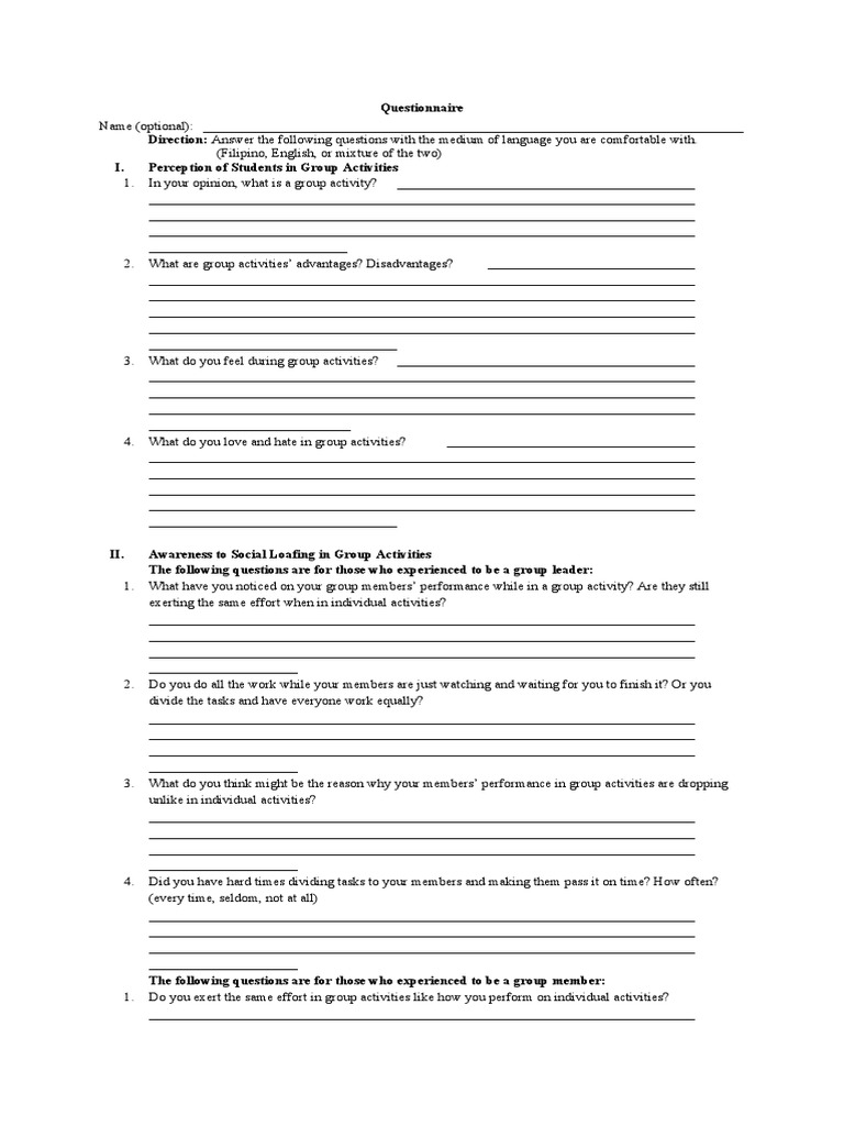 Social Loafing Awareness Questionnaire | PDF | Behavior Modification ...