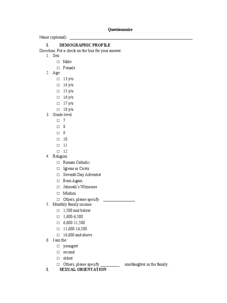 Sexual Orientation Sample Questionnaire | PDF | Bisexuality | Homosexuality