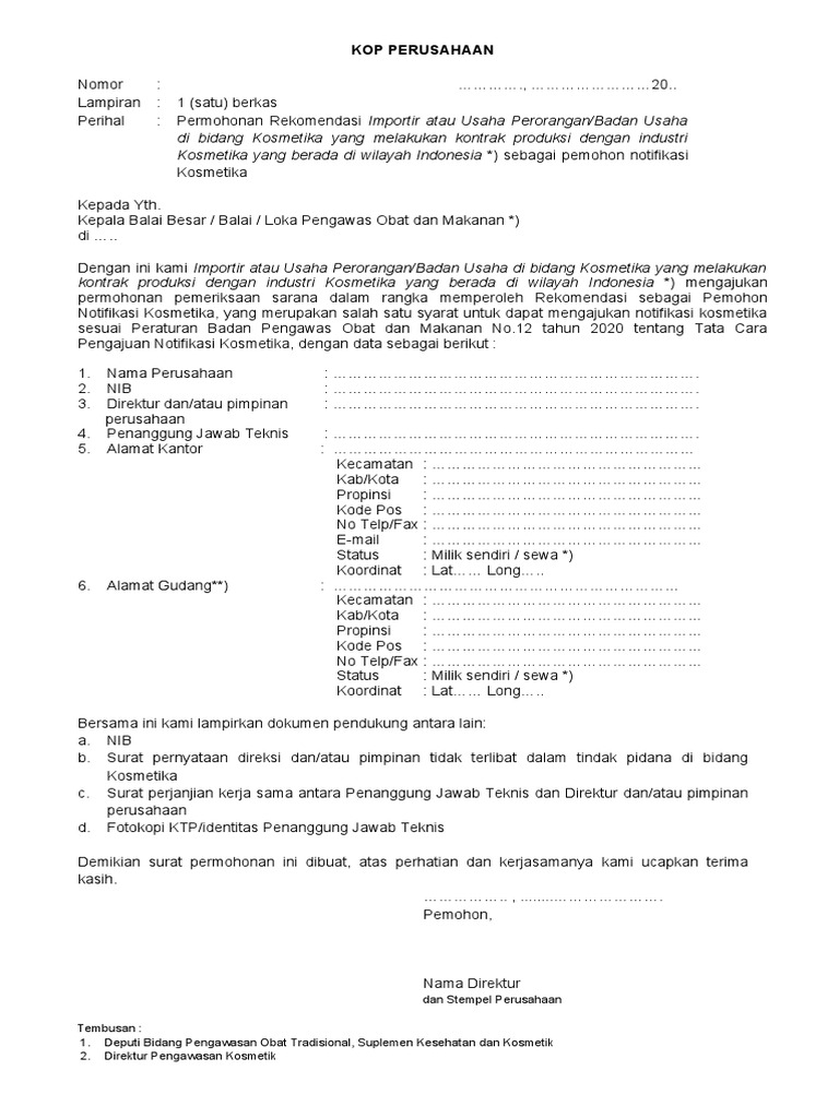 Surat Permohonan Rekomendasi Pemohon Notifikasi Kosmetik | PDF