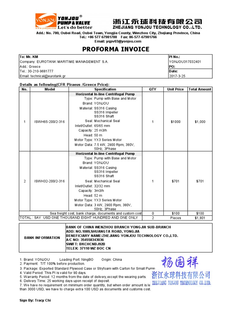 Proforma Invoice: Details As Following (CFR Piraeus /greece Price ...