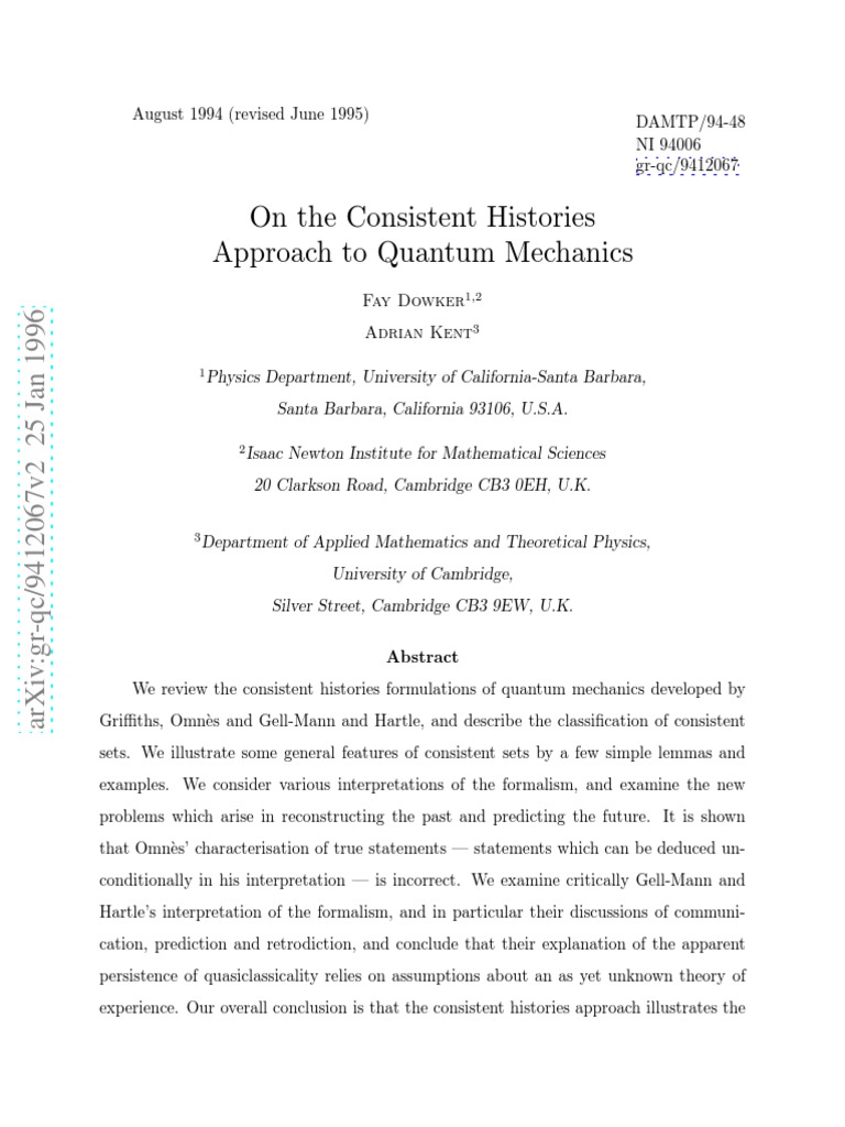 Fay Dawker, Adrain Kent-On The Consistent Histories Approach To Quantum Mechanics PDF | PDF ...