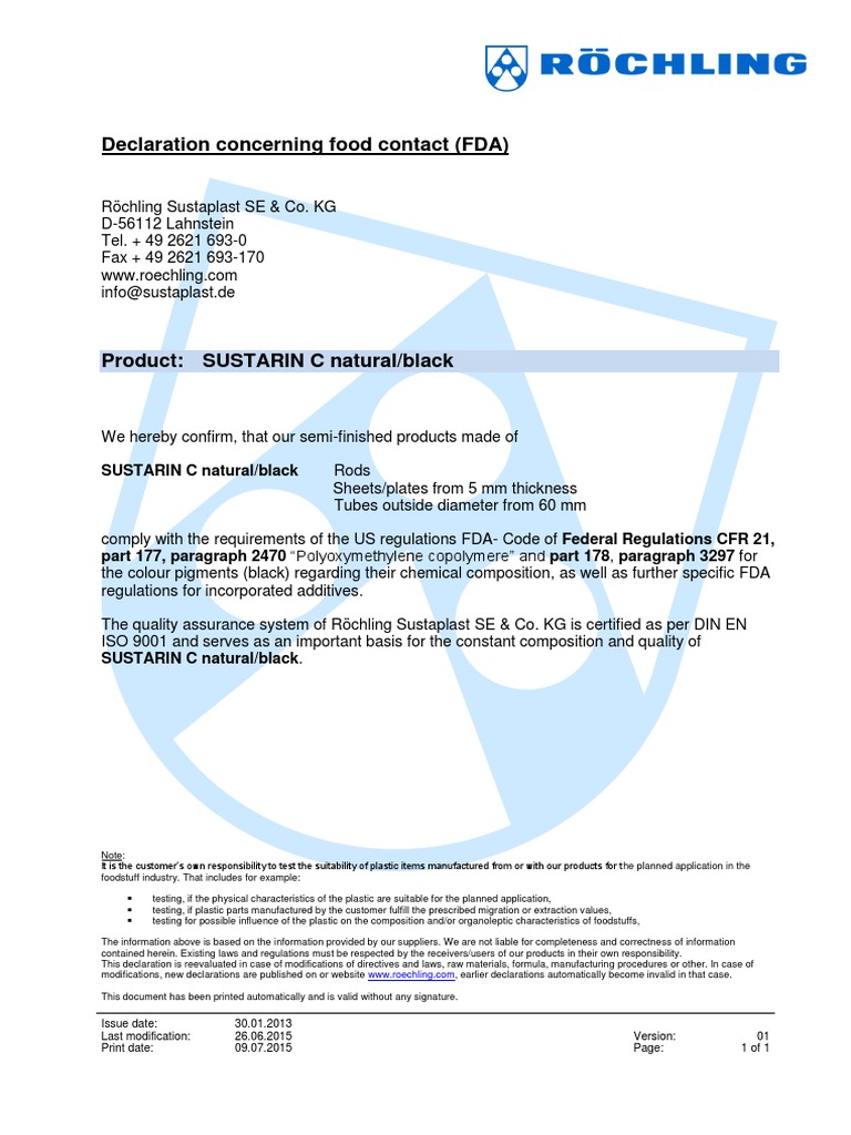 Declaration Concerning Food Contact (FDA) : SUSTARIN C Natural/black ...