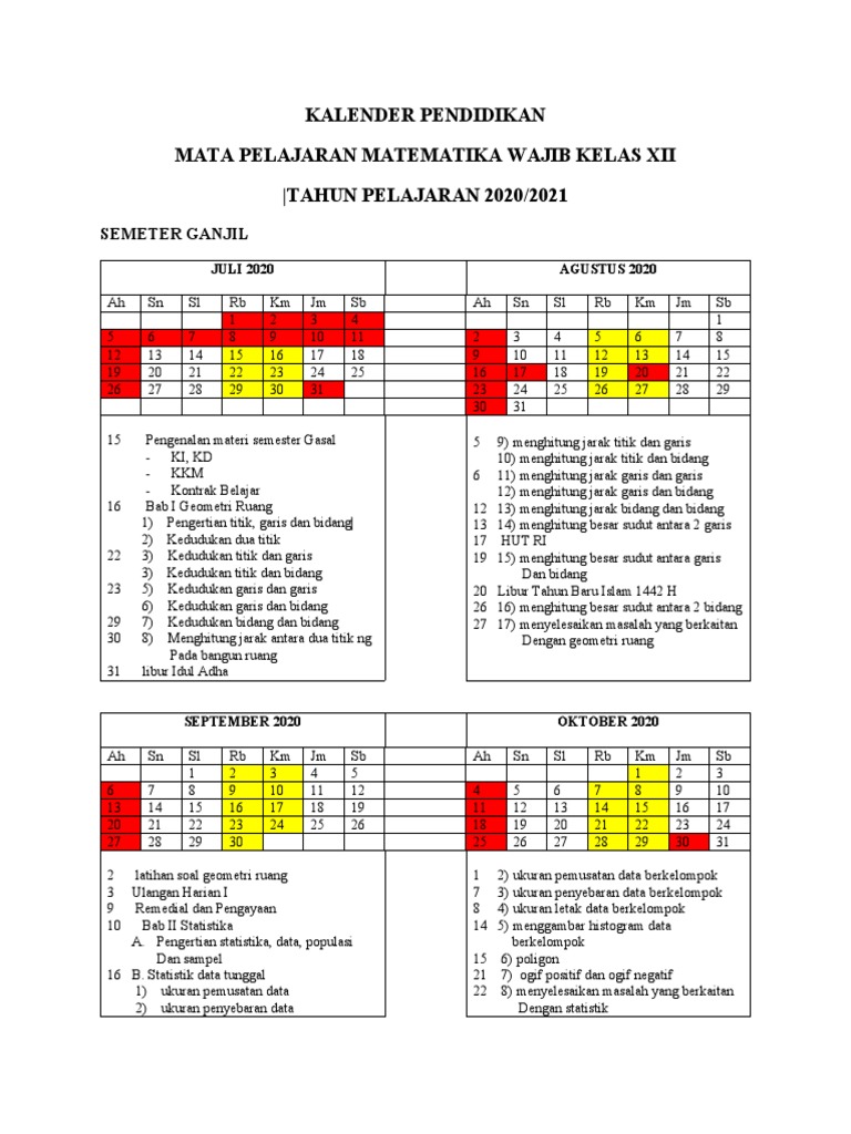 Kalender Pelajaran Matematika Kelas XII MA Darul Ma'arif Tahun ...