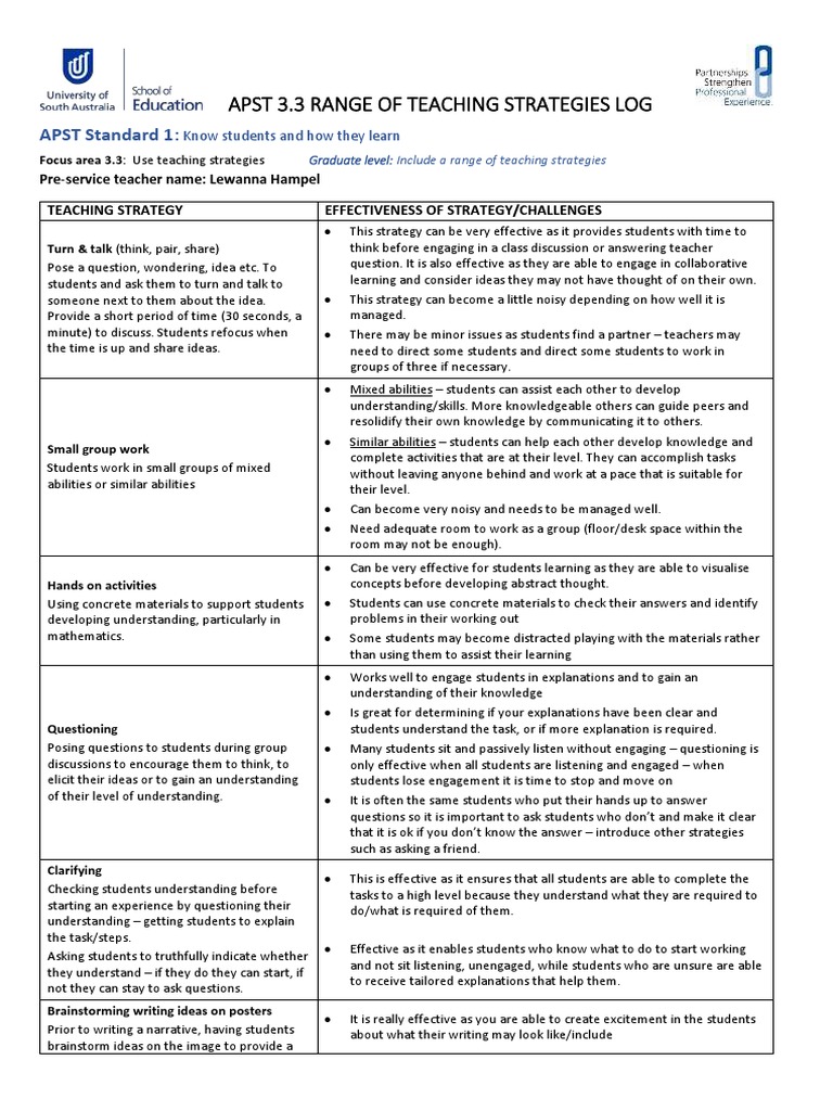 Apst 3.3 Range of Teaching Strategies Log | PDF | Understanding ...
