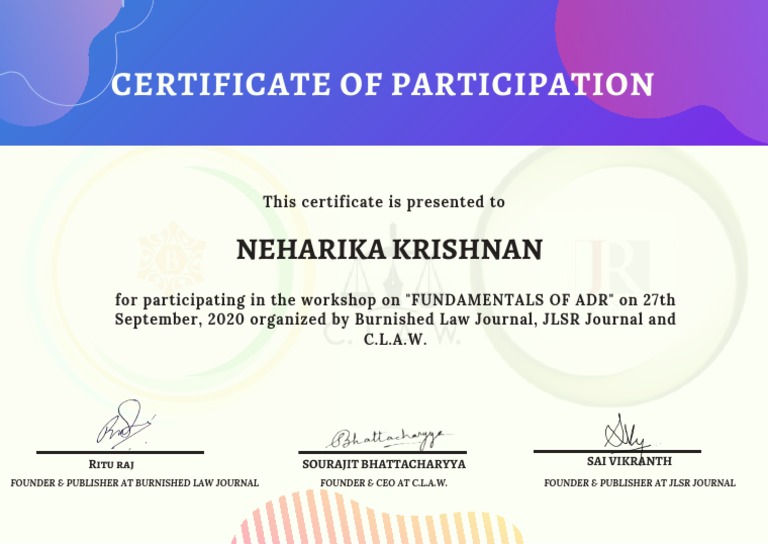 Certificate of Participation: Neharika Krishnan | PDF