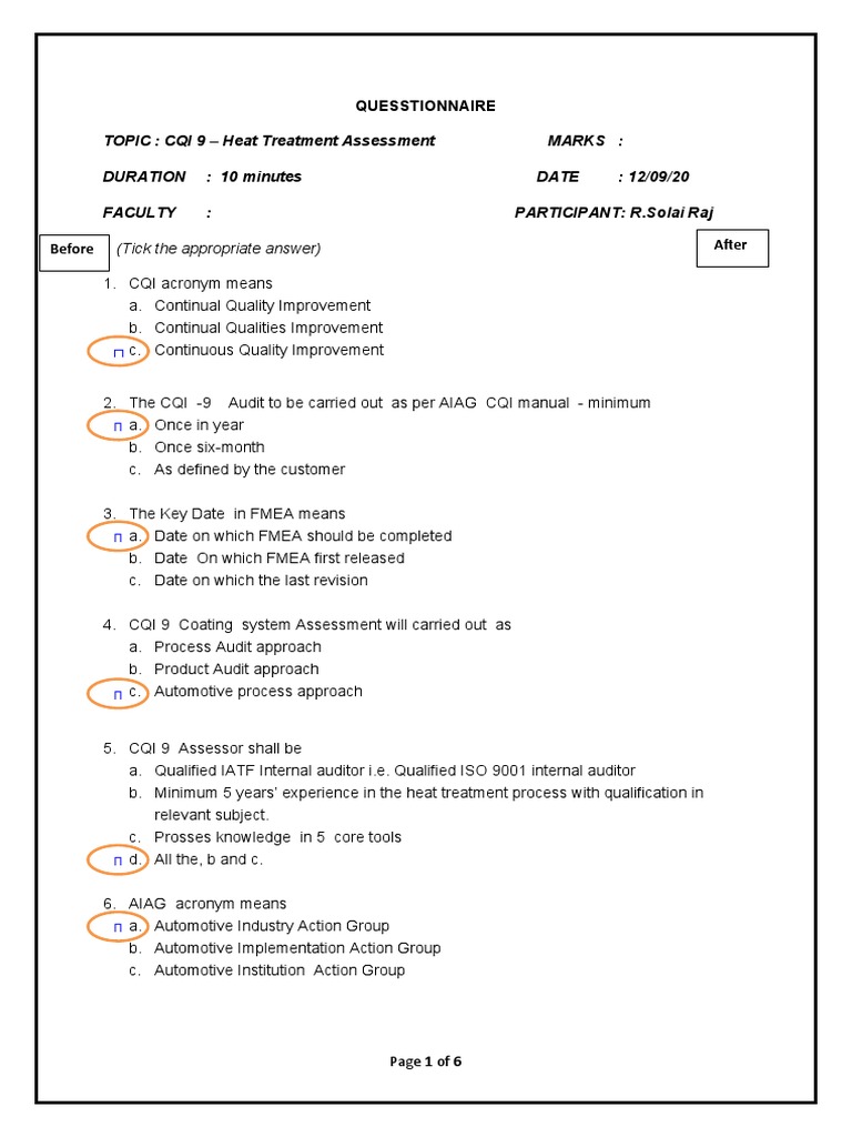 CQI 9 Awareness Training Evaluation Questionnaire Before and After ...