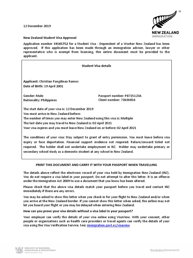 New Zealand Student Visa Approval Notice | PDF | Travel Visa | Passport