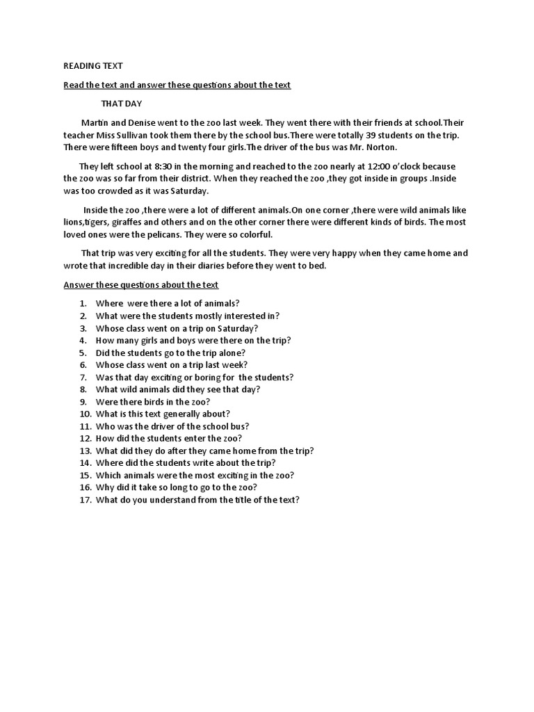 Reading Text Reading Comprehension Exercises - 128540 | PDF