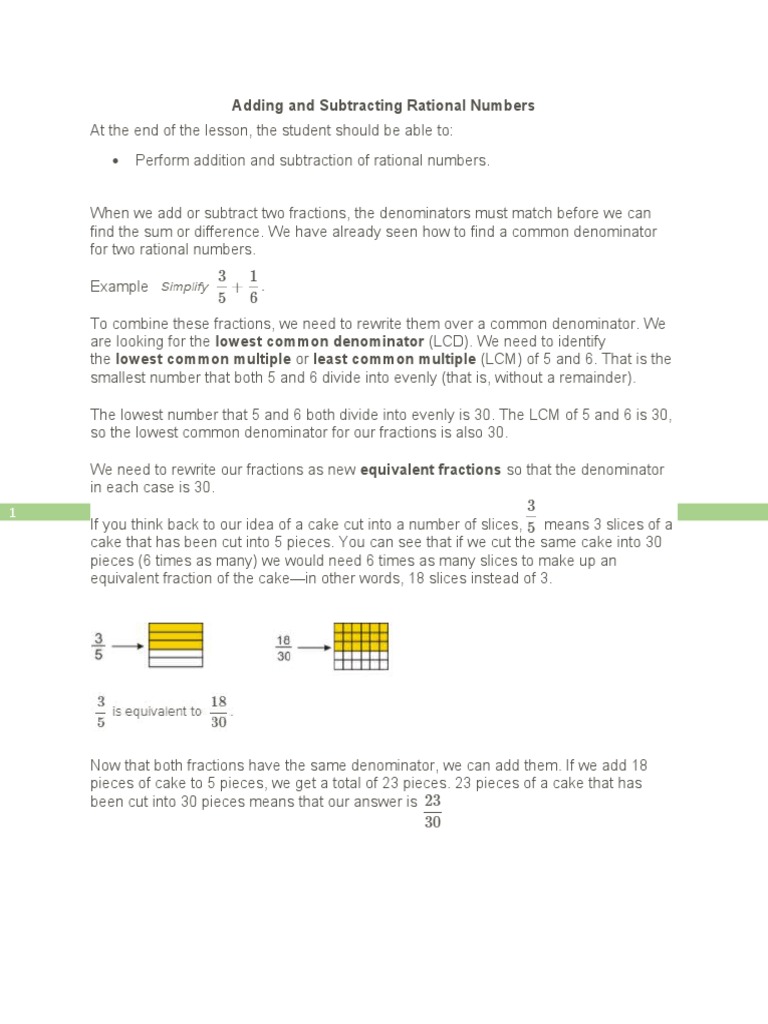 Addition and Subtraction of Rational Numbers | PDF | Fraction ...