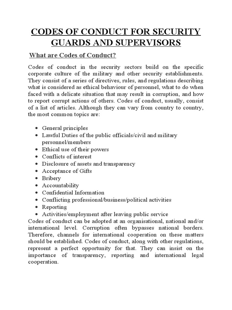 Codes Of Conduct For Security Guards And Supervisors Pdf Corruption Conflict Of Interest