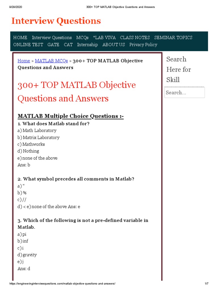 300 Top Matlab Objective Questions And Answers Pdf Matlab Variable Computer Science
