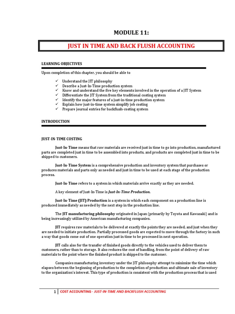 Cost Accounting - Just-In-Time and Backflush Accounting | PDF ...