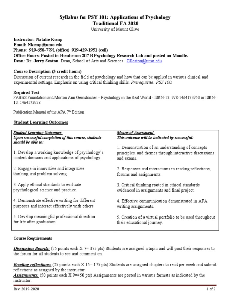 Psy 101 Fa 2020 Trad Applications of Psychology Natalie Kemp 1 | PDF ...