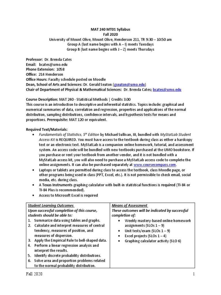 MAT 240 Statistical Methods Syllabus | PDF | Mean | Statistics