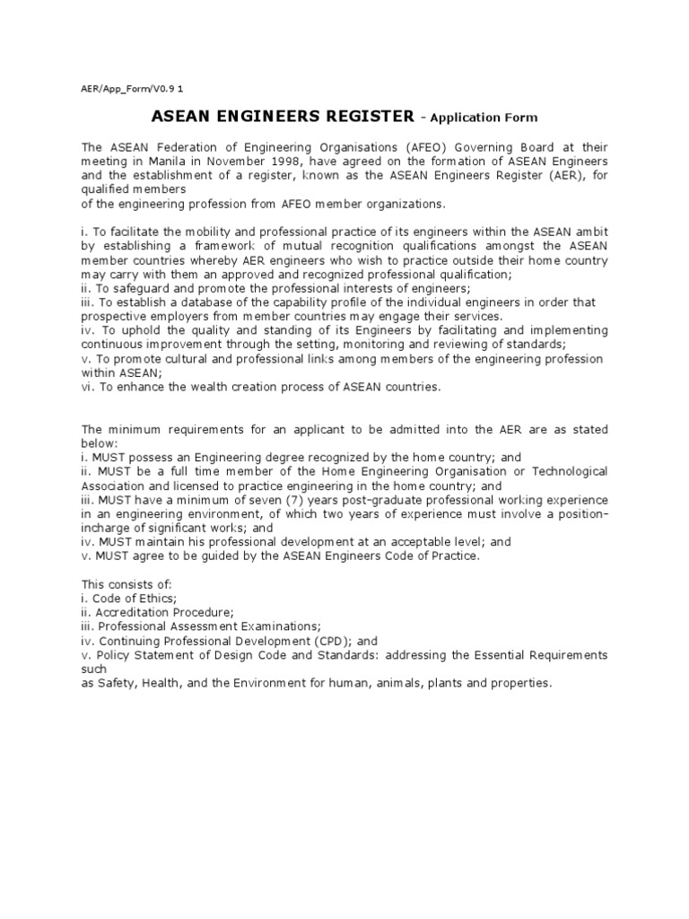 Asean Engineers Register: Objectives of The AER | PDF | Engineer ...