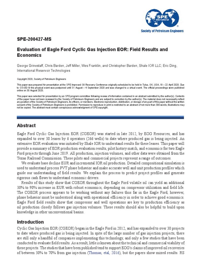 SPE-200427-MS Evaluation of Eagle Ford Cyclic Gas Injection EOR: Field ...
