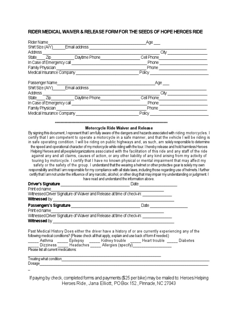 Motorcycle Ride Waiver Form | PDF | Motorcycle | Medicine